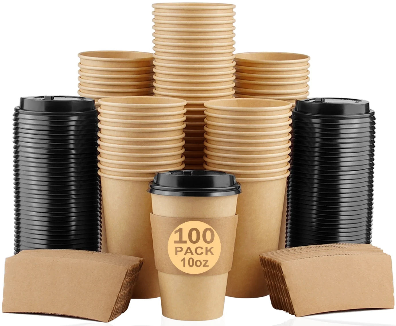 100 Pack 10 oz Paper Coffee Cups, Disposable Coffee Cups with Lids and ...